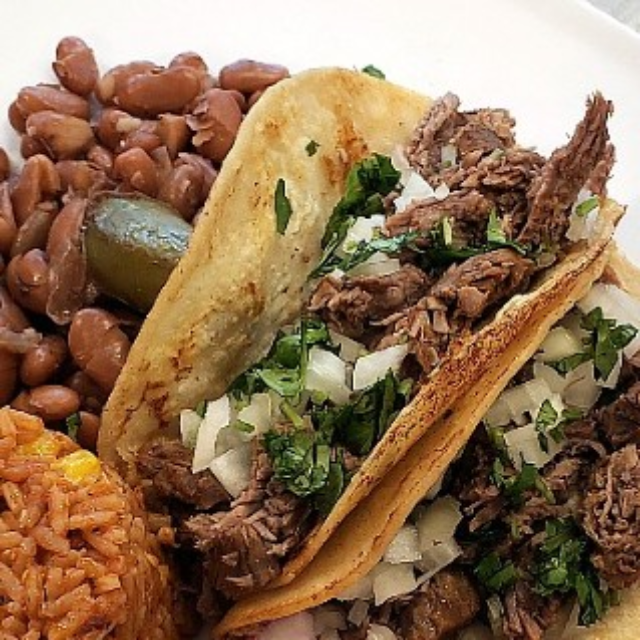 Beef Birria Tacos with Consomme, Rice and Beans